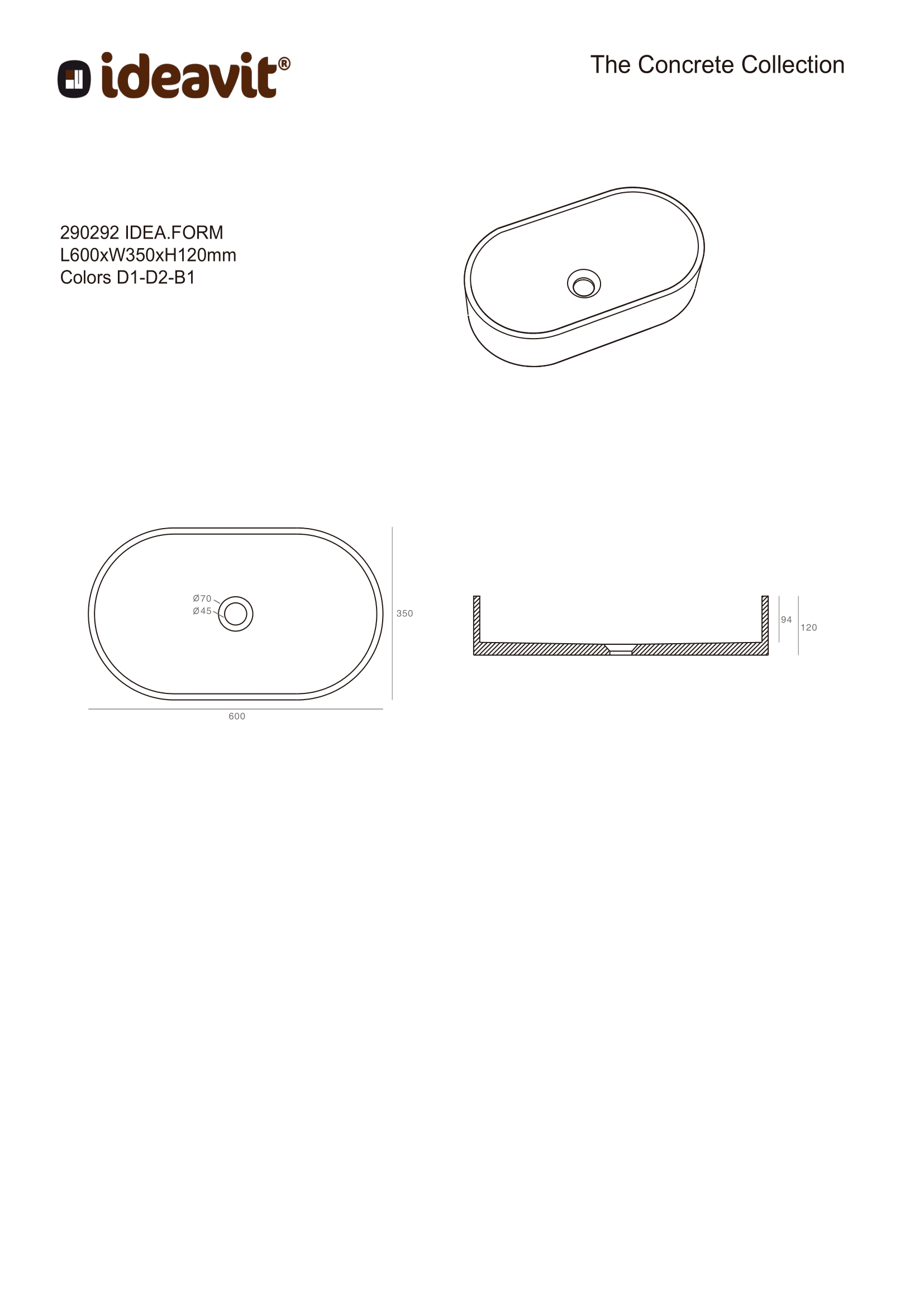 Ideavit IDEA FORM-D1 betonnen vrijstaande wastafel - Solid Surfaces