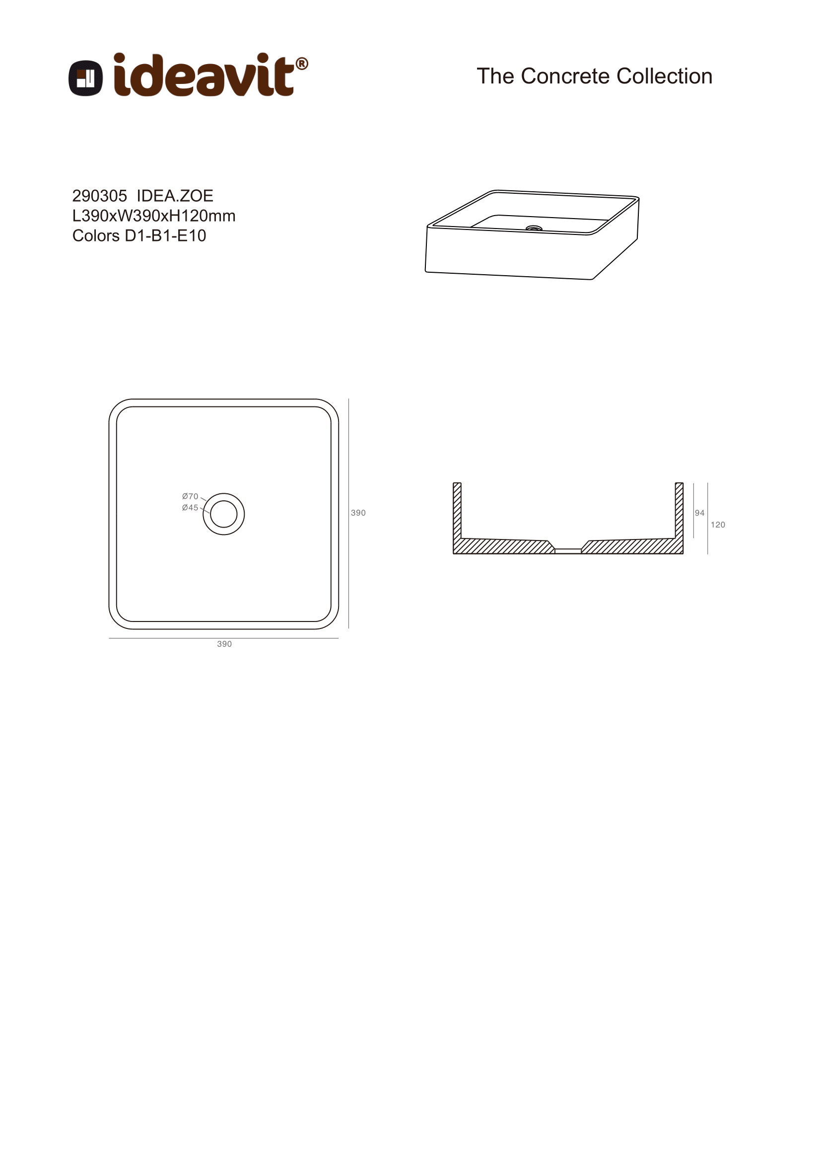 Ideavit IDEA ZOE-E10 terrazzo vrijstaande wastafel vierkant - Solid Surfaces