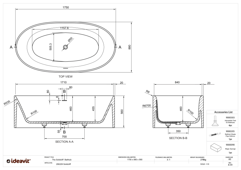 Ideavit Solidcliff vrijstaand bad - Solid Surfaces