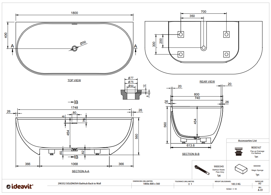 Ideavit Solidnova muur gemonteerd Back To Wall bad - Solid Surfaces