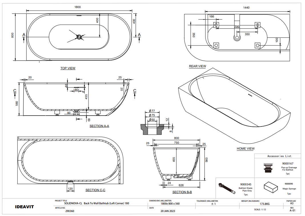 Ideavit Solidnova Corner Bad links muur gemonteerd ligbad - Solid Surfaces